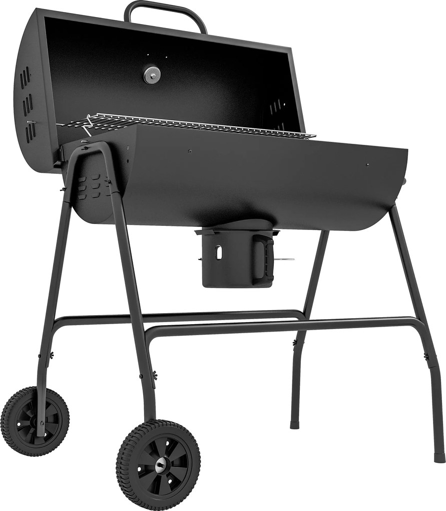 Outsunny Kovový Uhlíkový Gril BBQ Udírna s Termometrem v Poklici, Nastavitelný Držák pro Uhlí, Přenosný Grilový Vozík pro Barbecue a Kempování, 95x71.