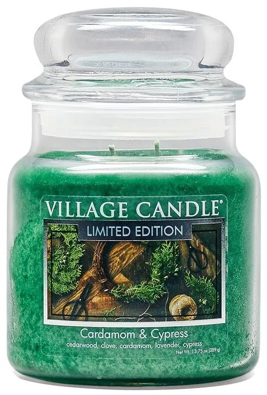 VILLAGE CANDLE Svíčka Village Candle - Cardamom and Cypress 389 g, zelená barva, sklo