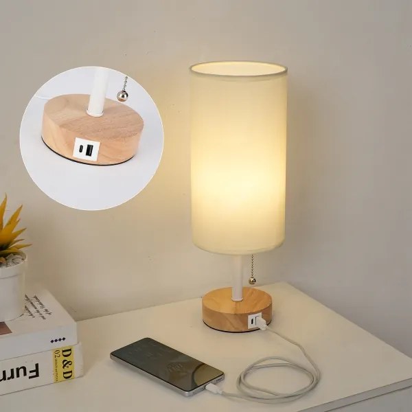 Brilagi - Stolní lampa s USB portem TABLON 1xE27/25W/230V dub/bílá/krémová