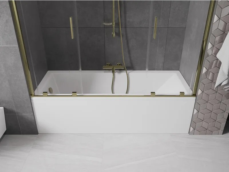 Mexen Velar Duo, 2-křídlová posuvná vanová zástěna 200 x 150 cm, 8mm čiré sklo, zlatý lesklý profil, 896-200-000-02-50
