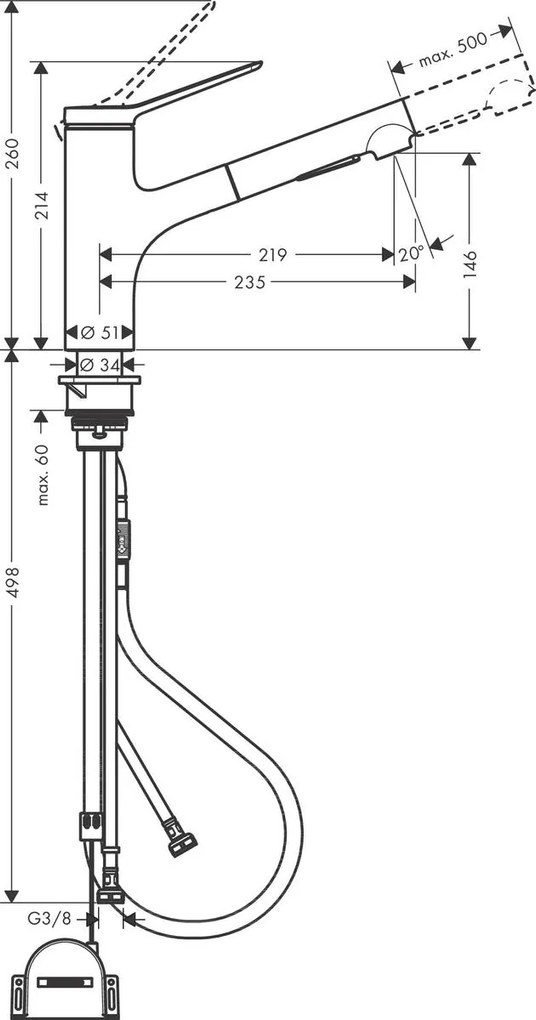 Hansgrohe Zesis M33 - Páková kuchyňská baterie 140, vytahovací sprška, 2jet, sBox light, chrom 74803000