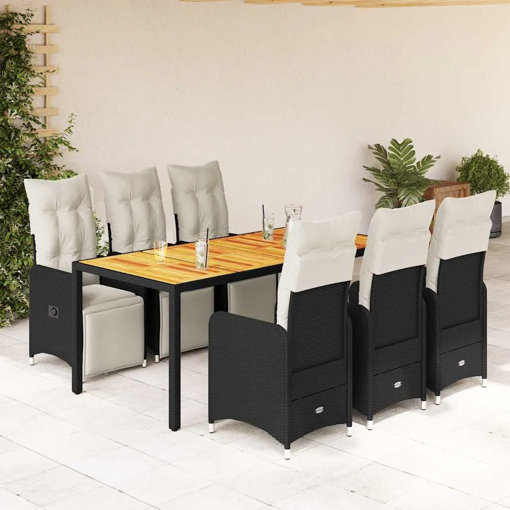 7dílný zahradní bistro set s poduškami černý polyratan