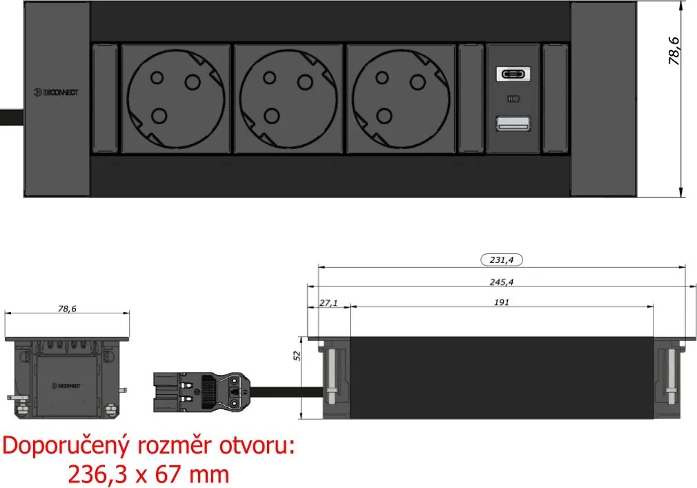 IBConnect Vestavná zásuvka INTRO černá - různé konfigurace Konfigurace elektrozásuvky: 1x230V + USB nab. A+C
