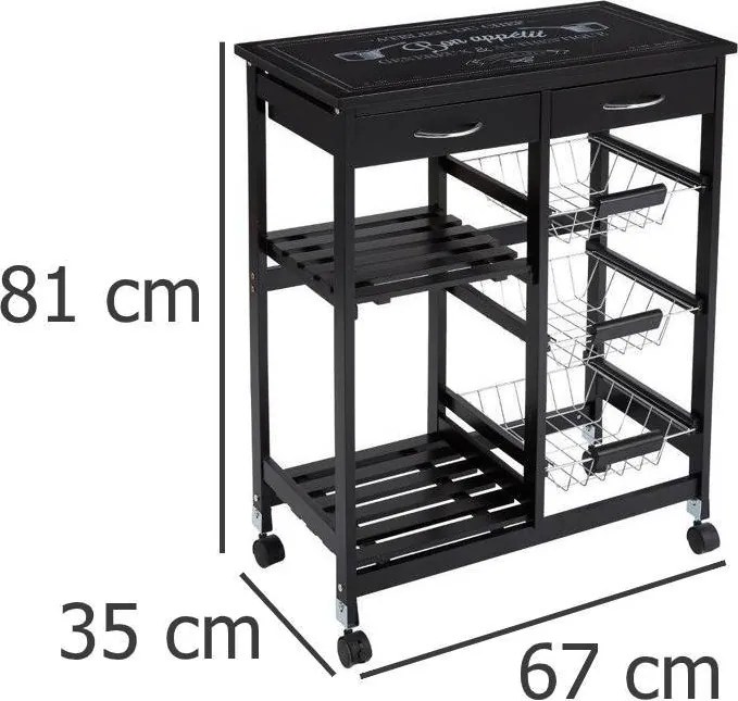 Kuchyňský regál na kolečkách, černý, 67 x 35 x 81 cm
