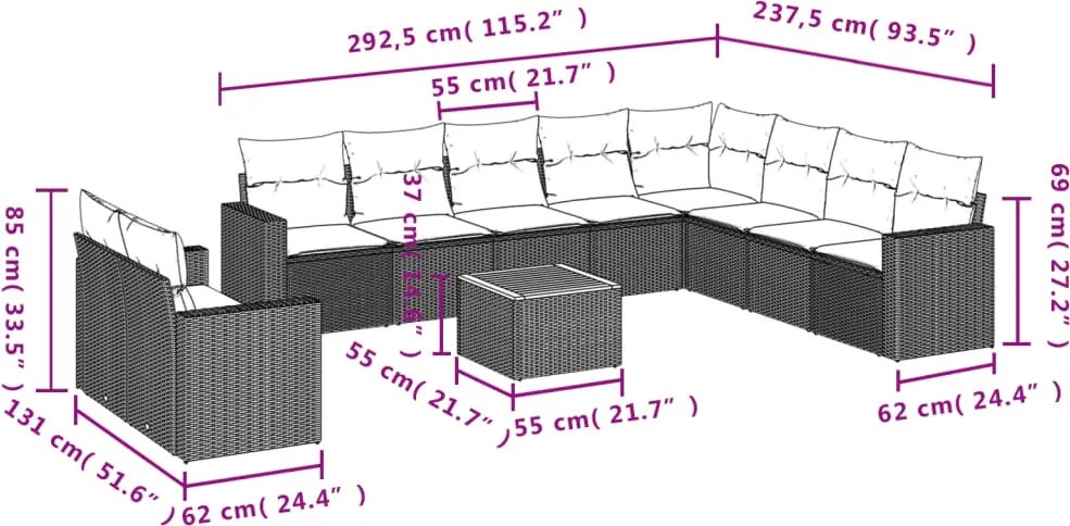 11dílná zahradní sedací souprava s poduškami černá polyratan 3224193