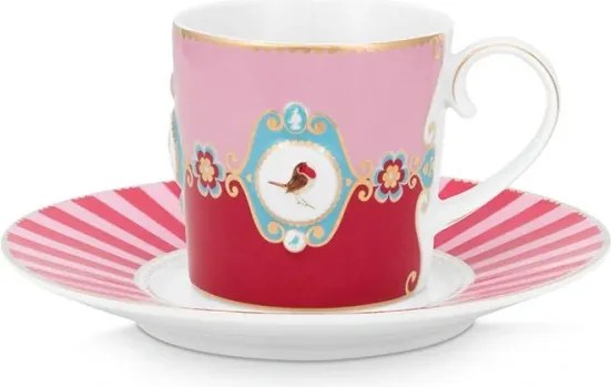 Pip studio Love Birds šálek s podšálek 225ml, červeno -růžový (Hneček s podšálkem Love Birds)