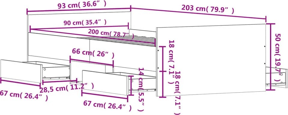 vidaXL Rám postele s hlavovým a nožním čelem 90 x 200 cm [3203803] Barva: dub sonoma