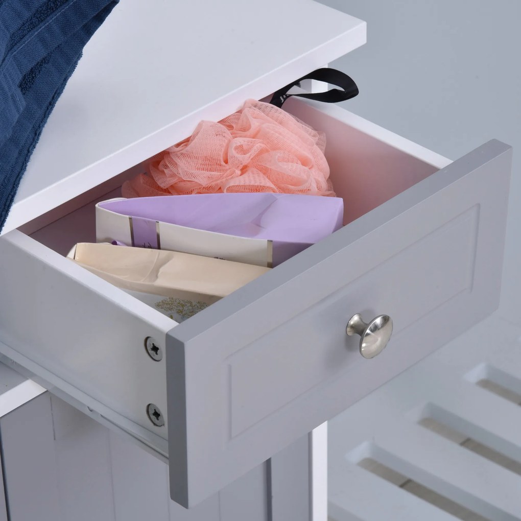 Kleankin Úložný Kabinet, Koupelnový Kabinet, Skříň s 2 Dveřmi a 2 Zásuvkami - 60 x 30 x 75 cm - Šedá a Bílá