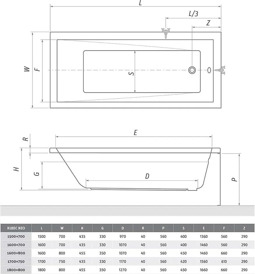 Obdélníková akrylátová vana KUBIC NEO S 1500 × 700 KUBIC NEO /150×70 200 l 9300000