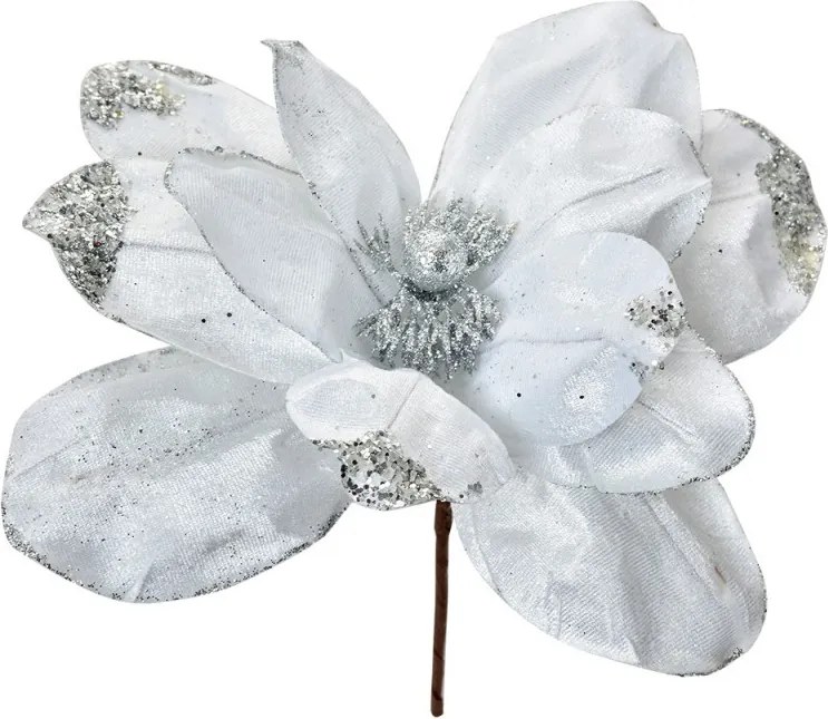 Bílo-stříbrná dekorace květina vánoční hvězda Poinsettia - Ø 22*25 cm