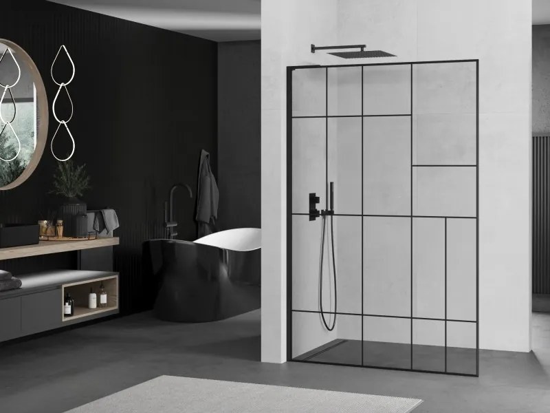 Mexen Kioto L, sprchová zástěna Walk-In 110 x 200 cm, 8mm čiré sklo černý vzor, černý profil, 800-110-103-70-78