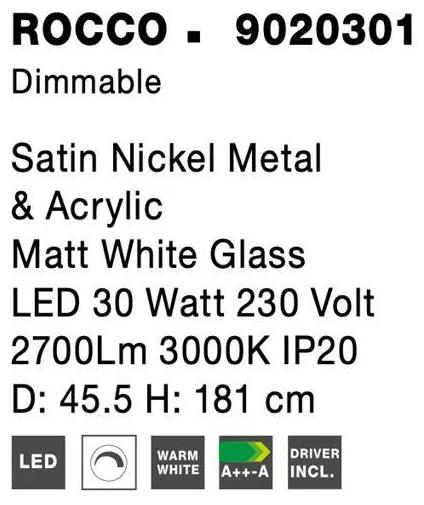Nova Luce Stojací lampa ROCCO nikl satén kov a akryl matné bílé sklo LED 30W 3000K stmívatelné
