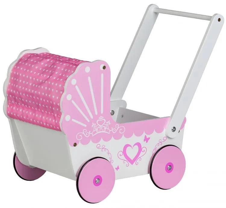 EcoToys Dřevěný kočárek pro panenky, růžová/bílá, TT003