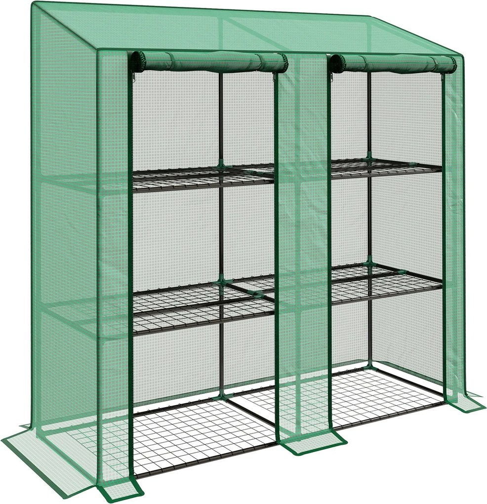 Outsunny 3-patrový zahradní skleník s regály, šikmá střecha a 2 zipové dveře pro pěstování rostlin na terase 143x46x141/151 cm Zelený | Aosom