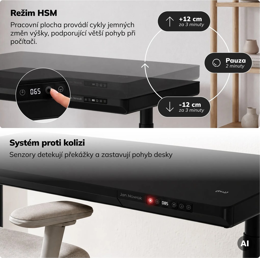 Elektrický psací stůl sit-stand se zásuvkou a bezdrátovou nabíječkou Qi černý, 1400 mm: ELLIS