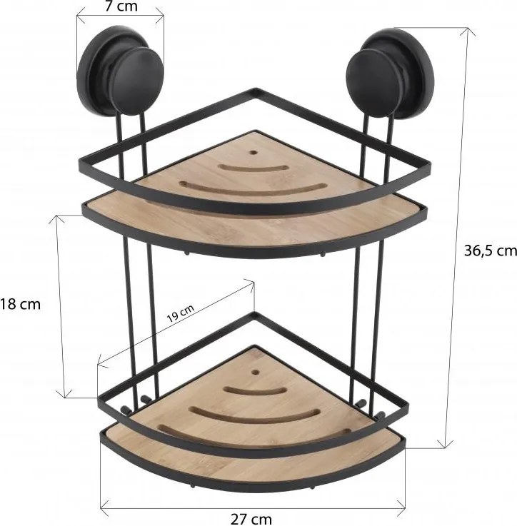 Erga Gavi, rohová dvojitá polička 26,5x19x36,5 cm na přísavky, černá matná-přírodní hnědá, ERG-YKA-CH.GAVI-BN2
