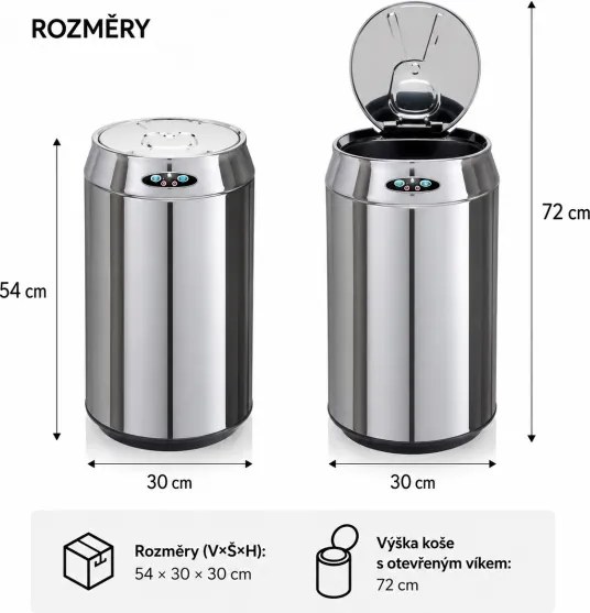Bezdotykový odpadkový koš 30l nápojová plechovka stříbrná