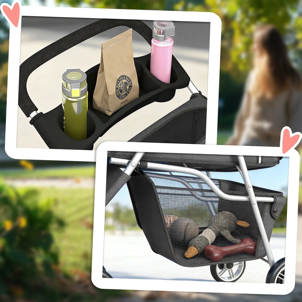 PawHut skládací kočárek pro malé psy s úložným košem, síťovými okny a držákem na nápoj — nosnost 10 kg, 77 × 44 × 102 cm, tmavě šedý
