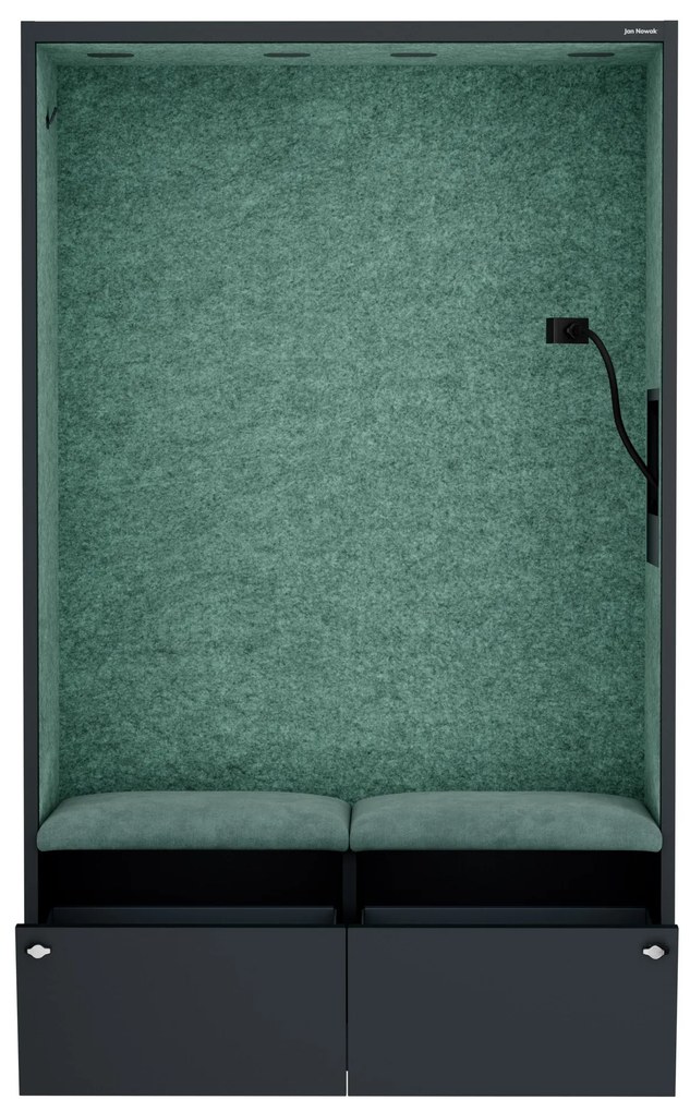 Kancelářská akustická kabina se sedátkem a USB-C portem, korpus antracitový / sedák zelený, 1150 mm: SALLY MentalBox