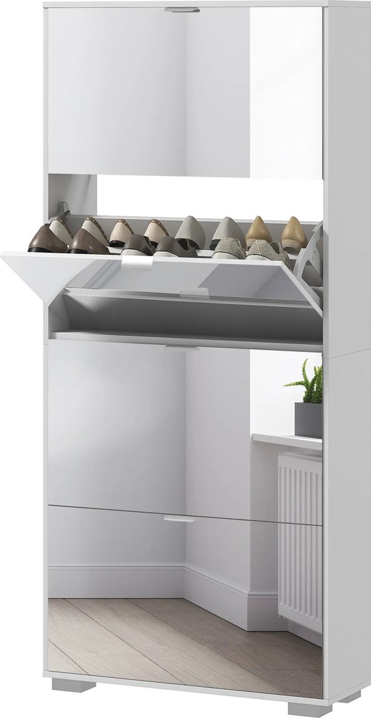 HOMCOM 2-in-1 Botník se Zrcadlovými Dveřmi, 4 Klopové Dveře, Nastavitelné Policie, Úsporný, 76L x 26W x 168H cm Bílý