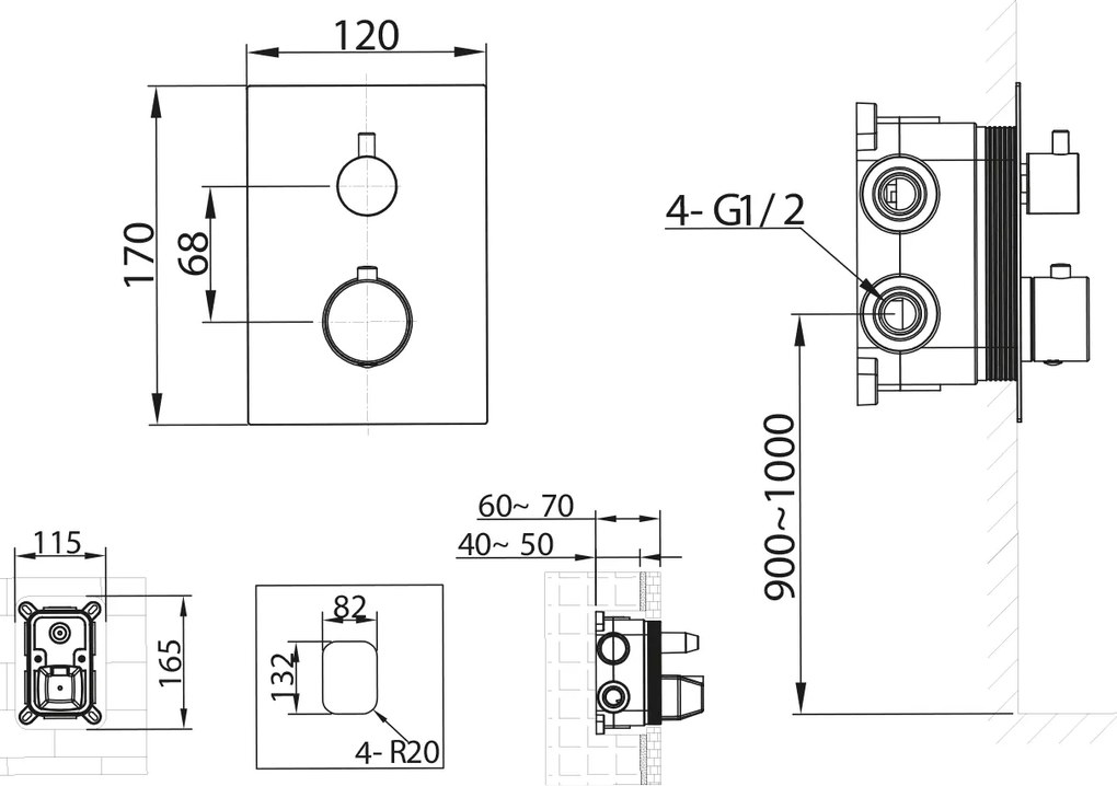 Sapho Kimura sprchová baterie podomítková termostatická box 2 výstupy chrom KU682