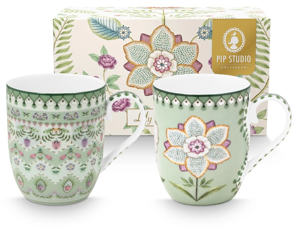 Pip Studio Lily &amp; Lotus sada 2 hrnků 180ml, zelená (sada 2 hrnků v dárkovém balení)
