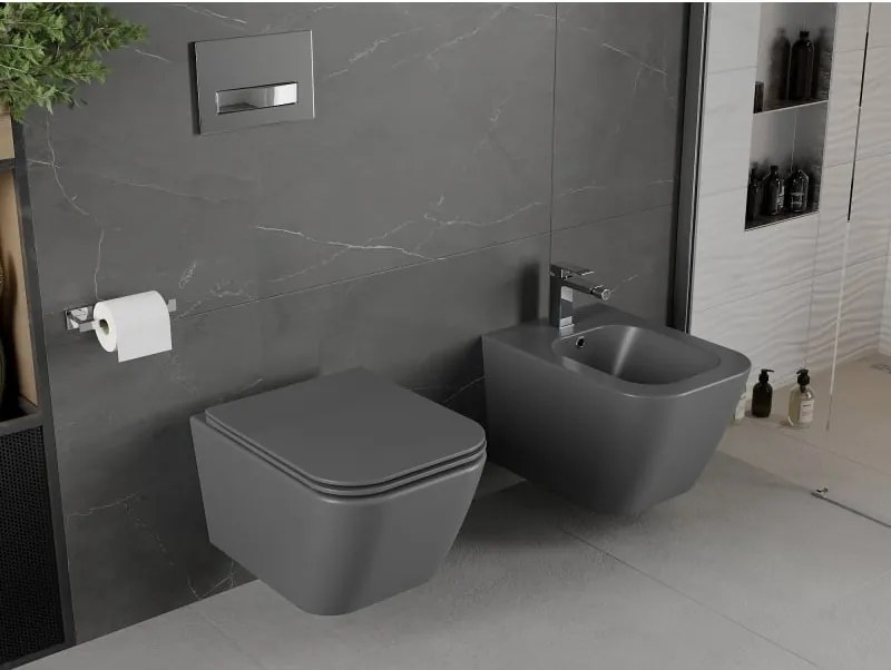 Mexen Madox WC mísa Rimless s pomalu padajícím prkénkem slim, duroplast, tmavě šedá mat - 30154061