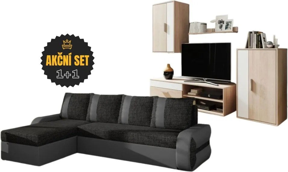 Set do obýváku RAMIRES L + HONGKONG – rozkládací rohová sedačka a obývací stěna univerzální