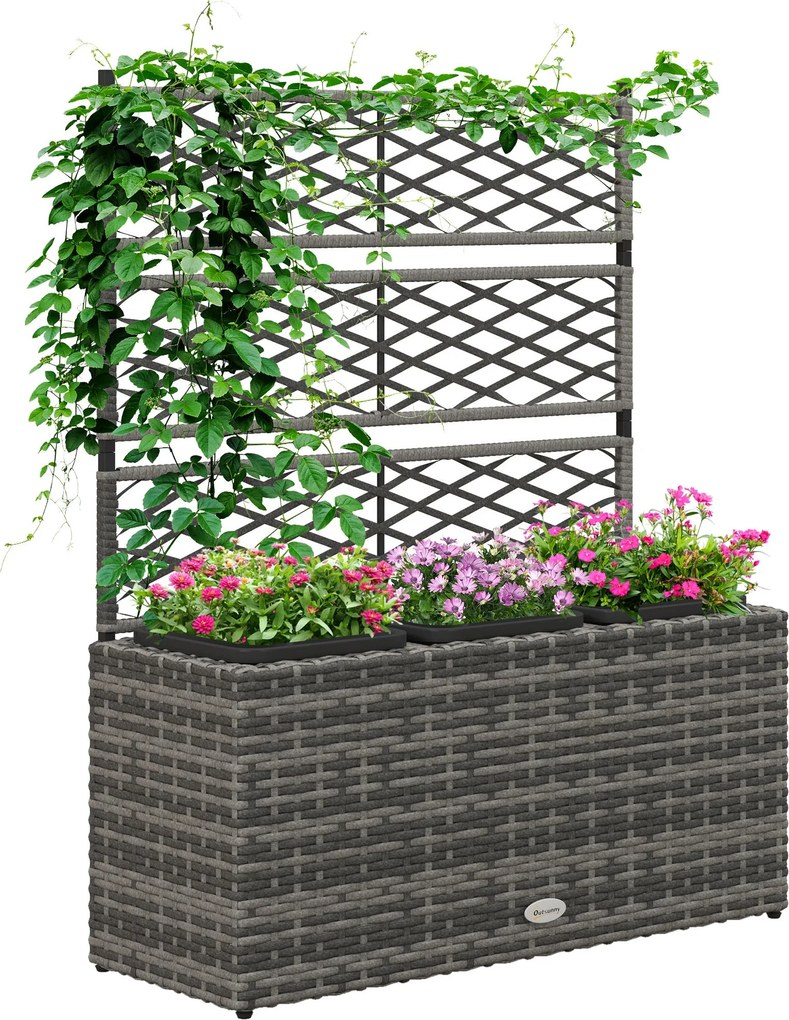 Outsunny Květináč s Trellis pro Popínavé Rostliny, Zvedený Květinový Záhon s 3 Vnitřními Květináči, Ocelová a PE Ratanová Konstrukce, 84x30x107cm, Šed