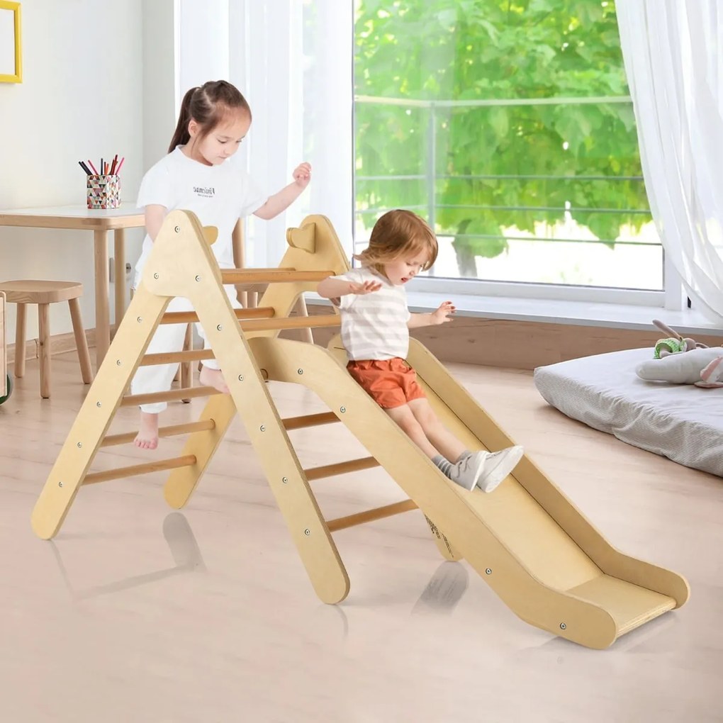 Costway 2-in-1 šplhací sada trojúhelníky šplhací žebřík z přírodního dřeva
