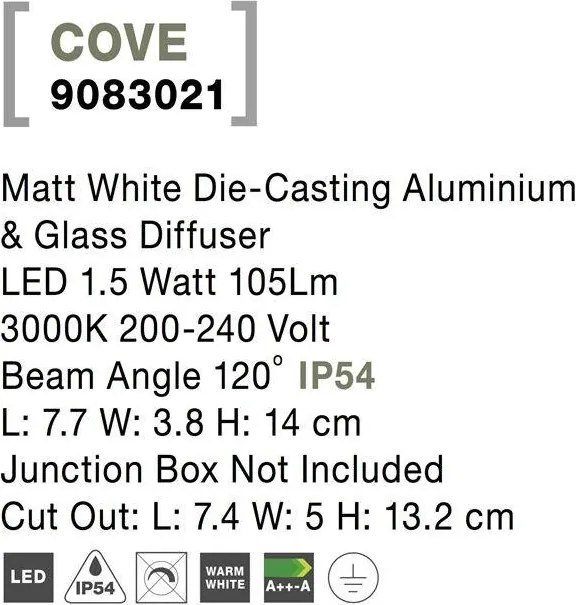 NV 9083021 Venkovní zapuštěné svítidlo do zdi COVE matný bílý litý hliník a skleněný difuzor LED 1.5W 3000K 200-240V 120st. IP54 - NOVA LUCE