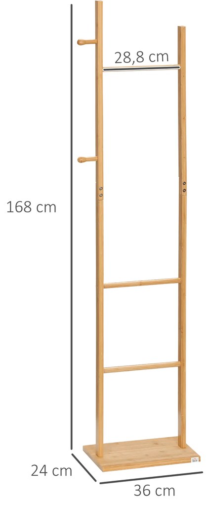 HOMCOM Věšák na kabáty Věšák se 2 háčky a 3 tyčemi na klobouky a oblečení 36x24x168 cm z přírodního bambusu do předsíní a vchodů | Aosom.de