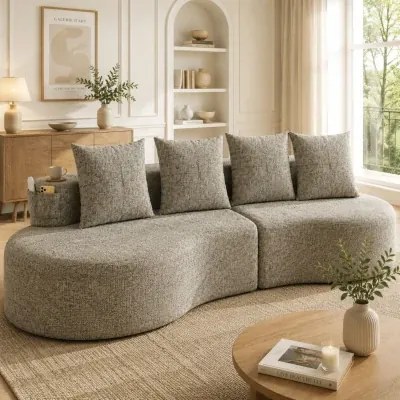 Aosom Lněná pohovka se 4 polštáři, včetně držáků na nápoje a bočních kapes, 240D x 109Š x 63V cm, khaki