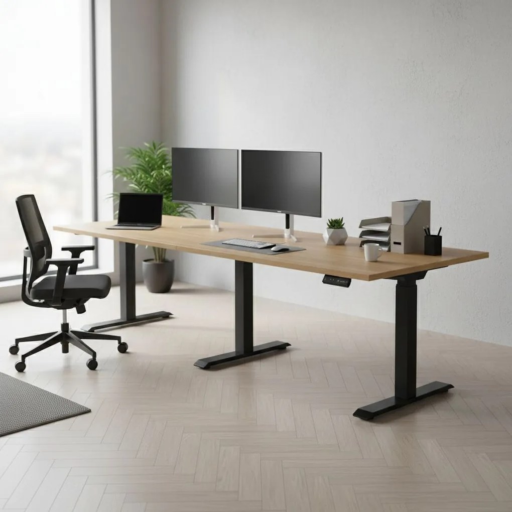 Výškově nastavitelný stůl OfficeTech Long, 240 x 80 cm, černá podnož, dub kamenný