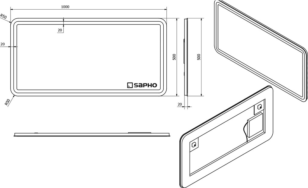 Sapho, NYX LED podsvícené zrcadlo 1000x500mm, NY100