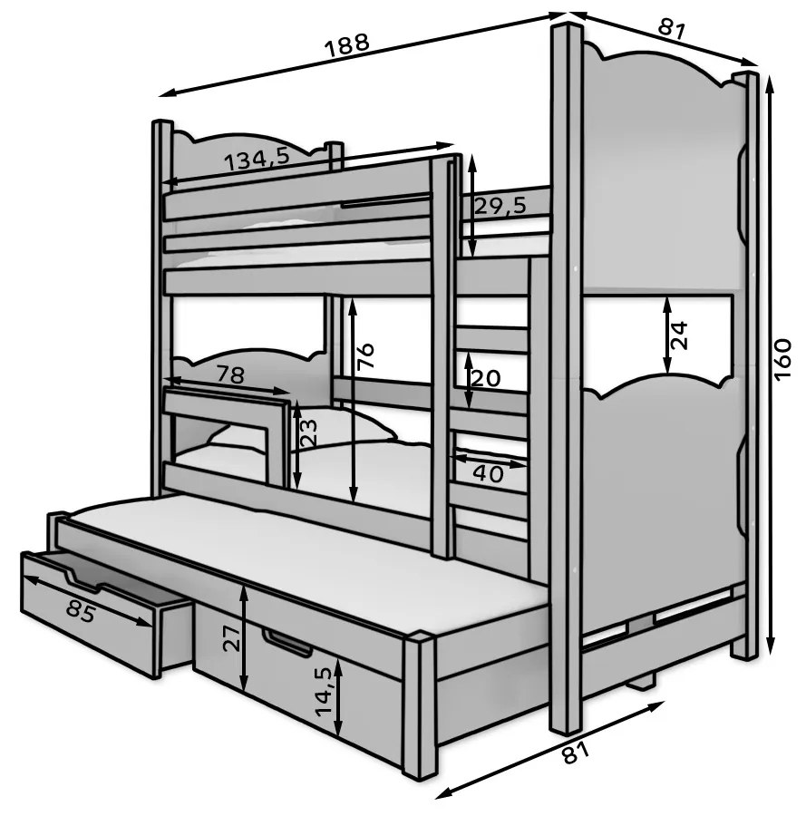 ADRK Rozkládací patrová postel LETICIA, CH-Let-PIN+BL-D035, 180x75 cm se zábradlím a matrací, borovice/modrá