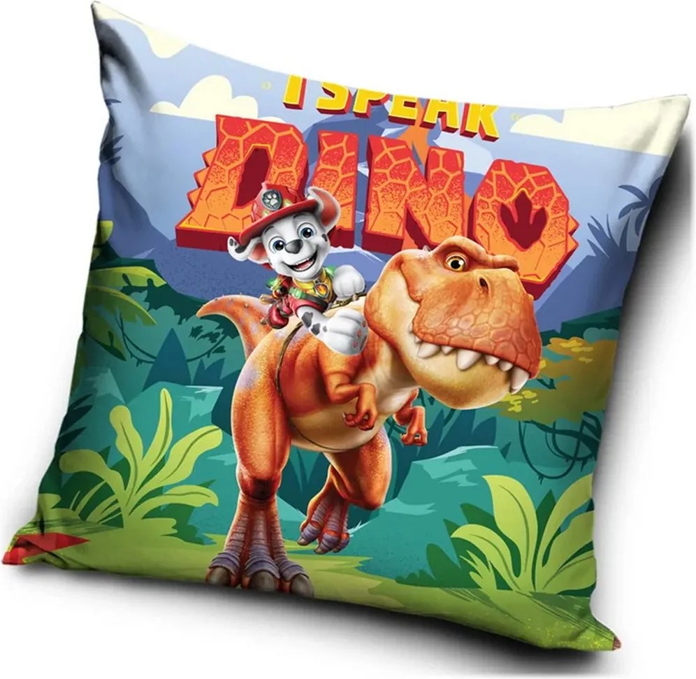 Velurový polštář Tlapková patrola: Dinosauří film - Paw Patrol: The Dino Movie - motiv Marshall a dinosaurus - 40x40 cm