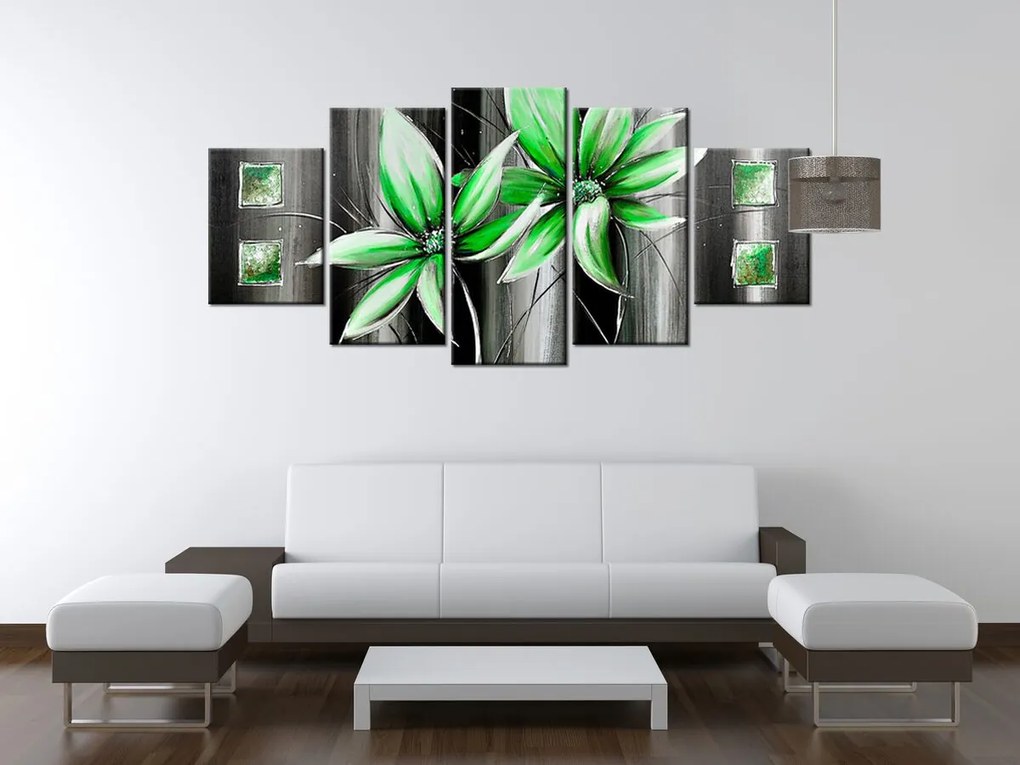 Gario Ručně malovaný obraz Krásné zelené květiny - 5 dílný Rozměry: 150 x 70 cm