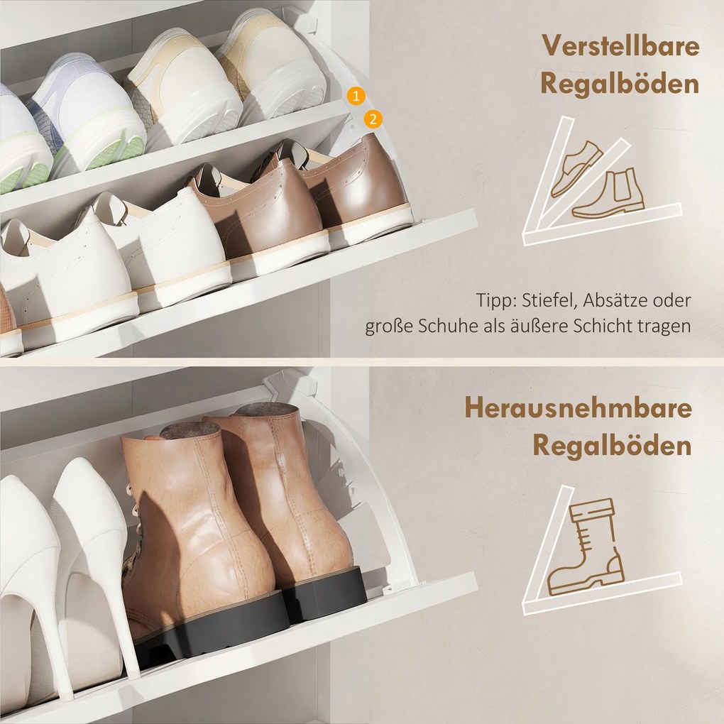 HOMCOM skříňka na boty výklopný botník 3 klapky na 18 párů bot prostorově úsporná v bílé a přírodní barvě 72 x 26 x 112 cm do předsíně a vstupních pr…