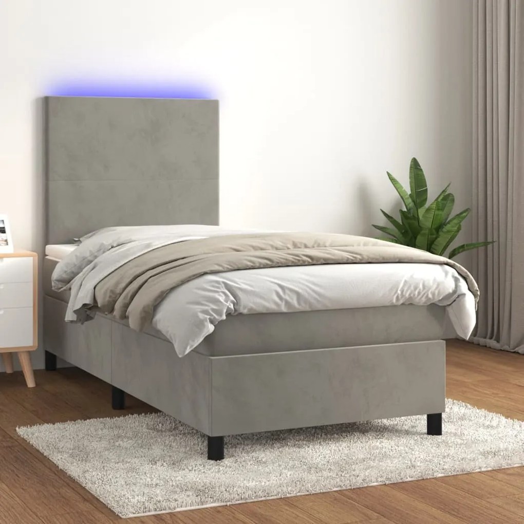 Box spring postel s matrací a LED světle šedá 90x200 cm samet 3135981