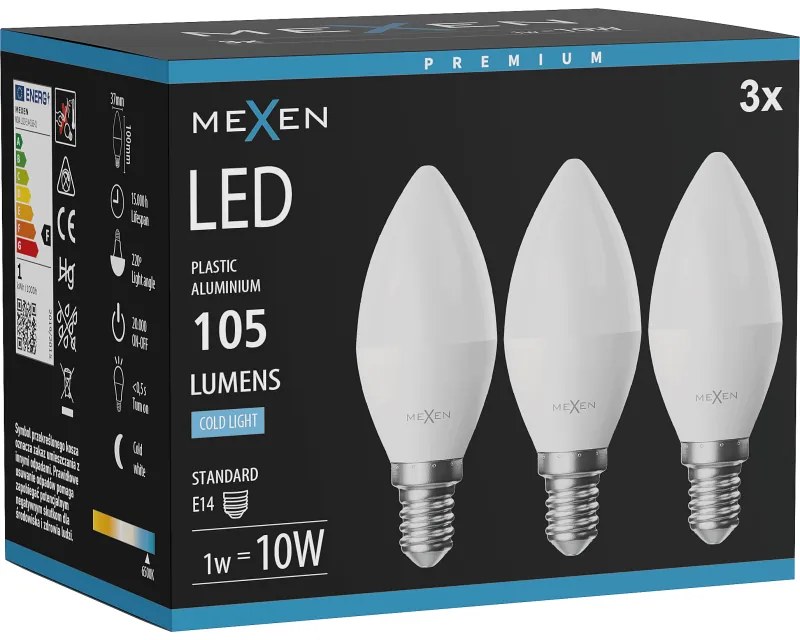 Mexen Nova 3x LED žárovka E14, C37, 1W, Studená - 6500K, 105 lm - L102-E14-0165-01x03