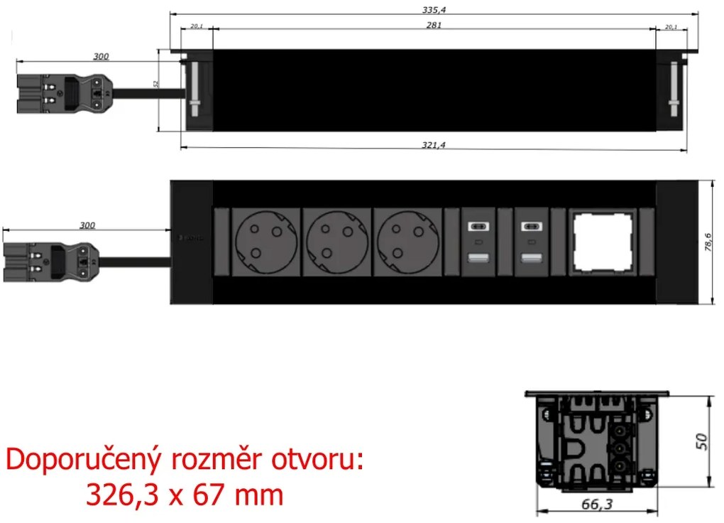 IBConnect Vestavná zásuvka INTRO bílá - různé konfigurace Konfigurace elektrozásuvky: 3x230 + USB nab. A+C + 2x Modul