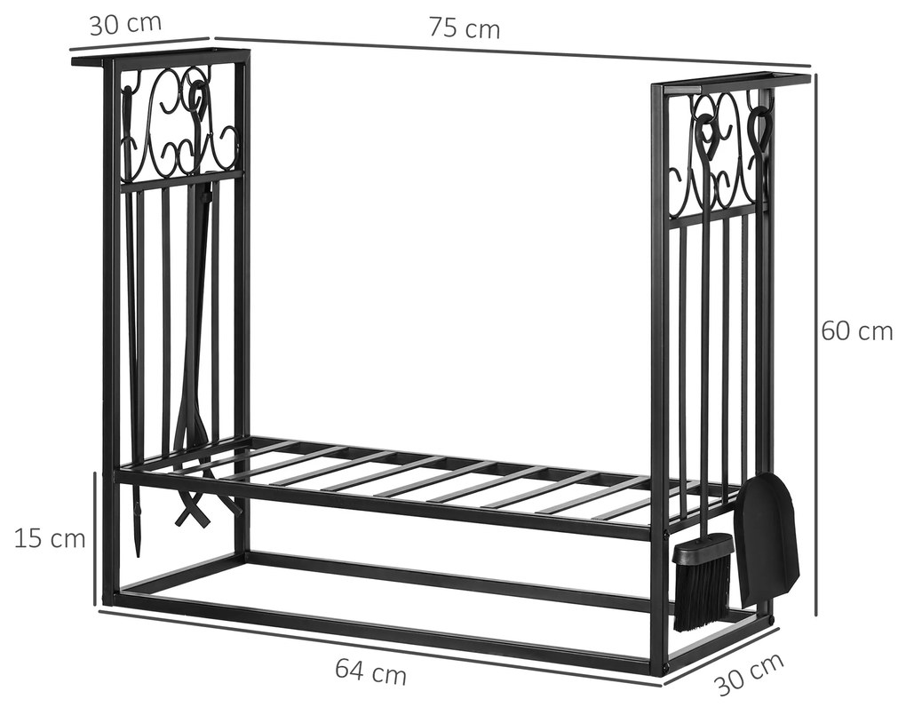 HOMCOM Stojan na palivové dřevo s krbovým nářadím 75 x 30 x 60 cm, černý ocelový stojan na palivové dřevo, skladování palivového dřeva a krbové nářad…