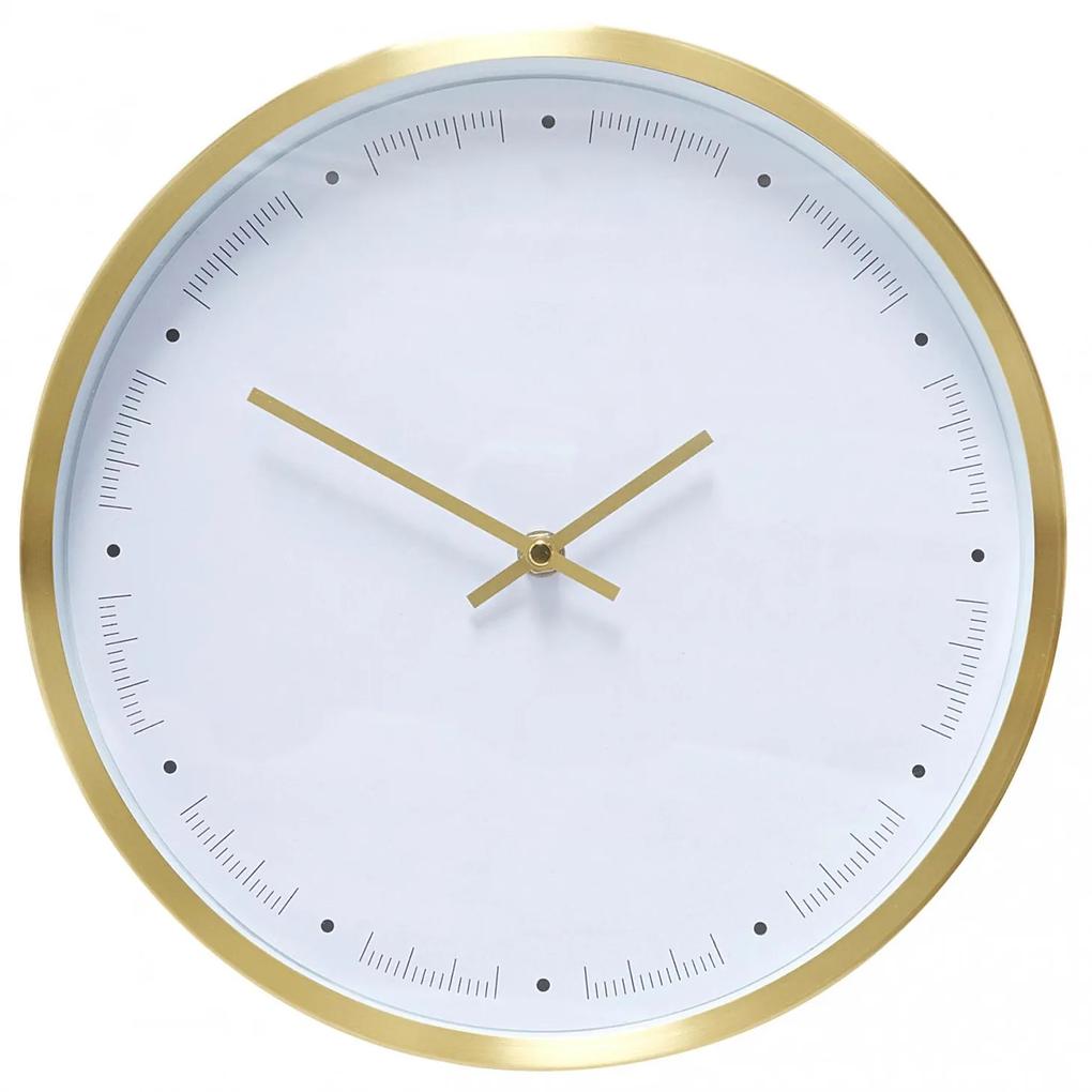 Hübsch Nástěnné mosazné hodiny Brass White, bílá barva, zlatá barva, kov