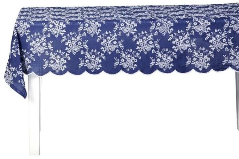 LENE BJERRE Modrý ubrus CATIE s bílou výšivkou, 140 x 280 cm