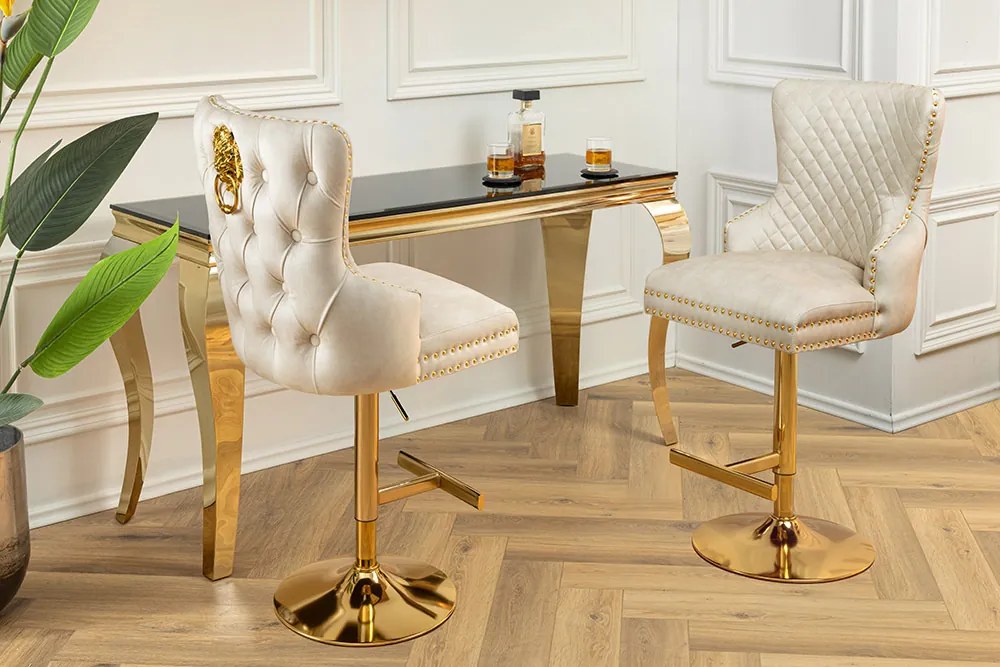 Designová barová židle Queen Lví hlava béžový samet