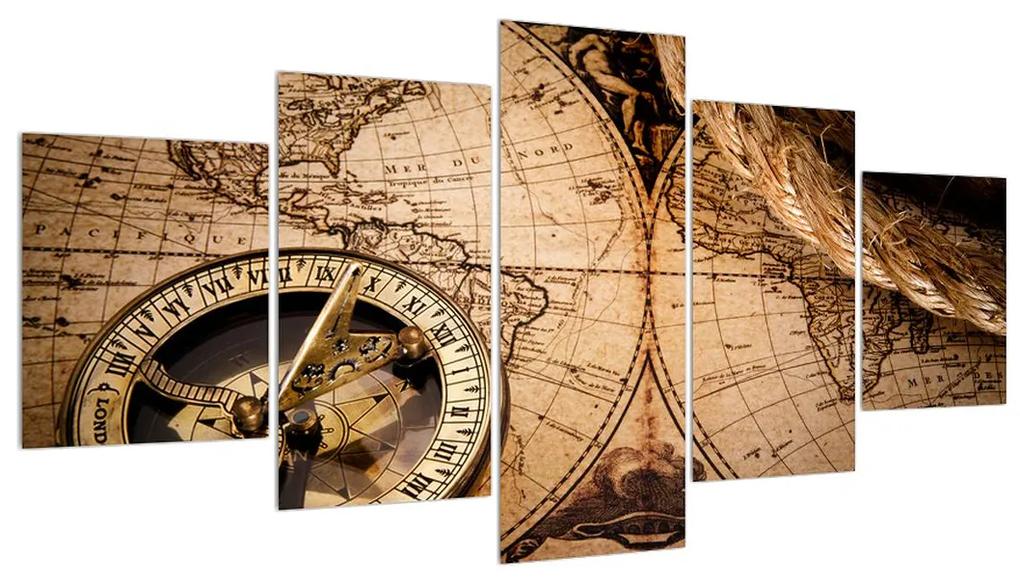 Historický obraz mapy světa a kompasu (150x80 cm)