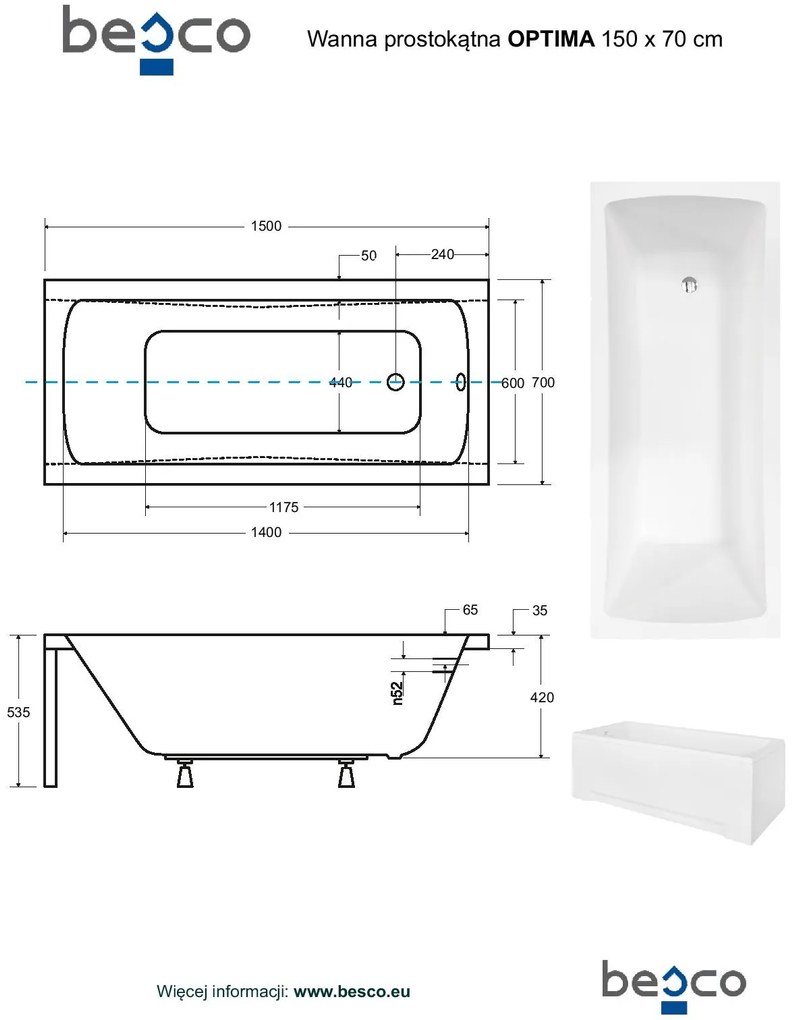 BESCO Obdélníková vana OPTIMA Nožičky k vaně - S nožičkami, Rozměr vany - 150 × 70 cm - VANOPT15+OLVPINOZ