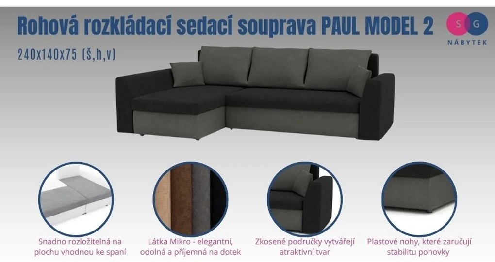 Rohová rozkládací sedací souprava PAUL MODEL 2 Šedá/bílá Pravá