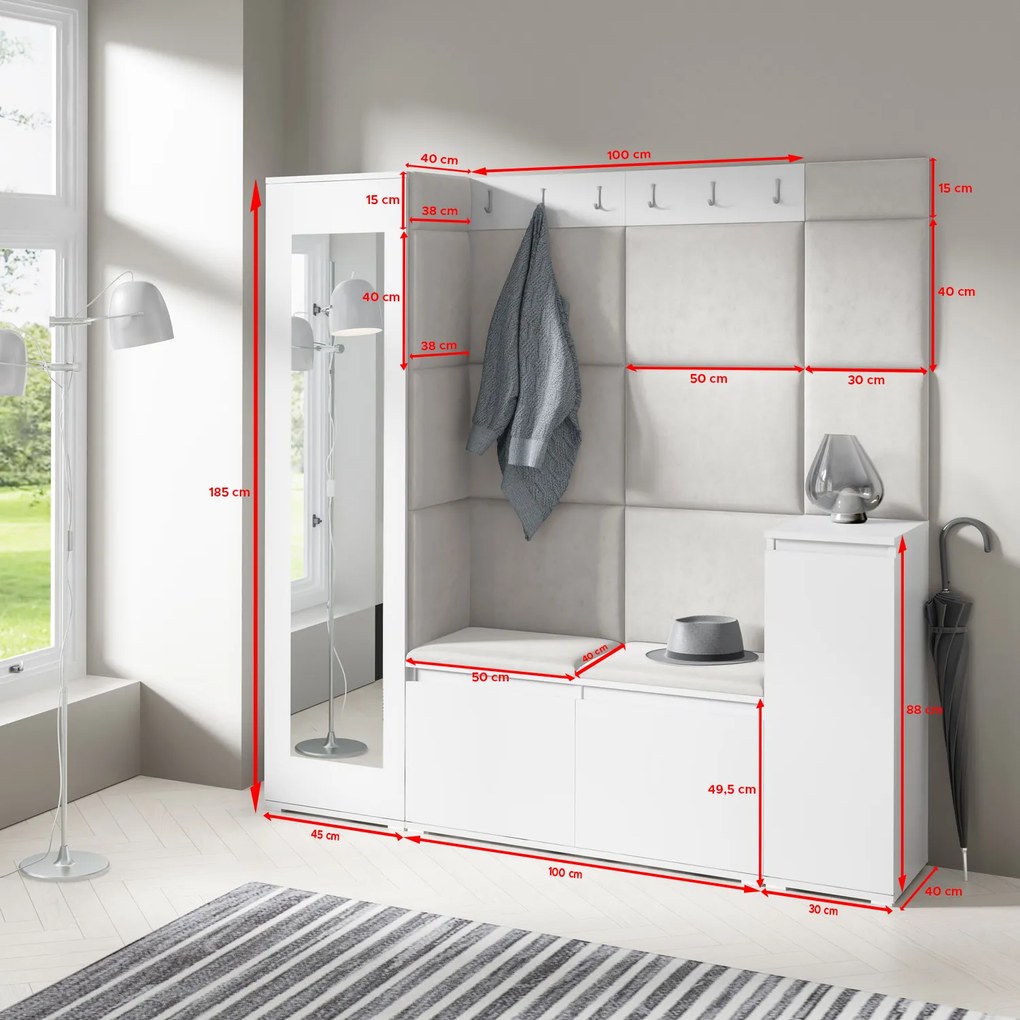 Eka Předsíňová stěna s čalouněnými panely Trinity 28 - Bílá / Tmavá hnědá 2308